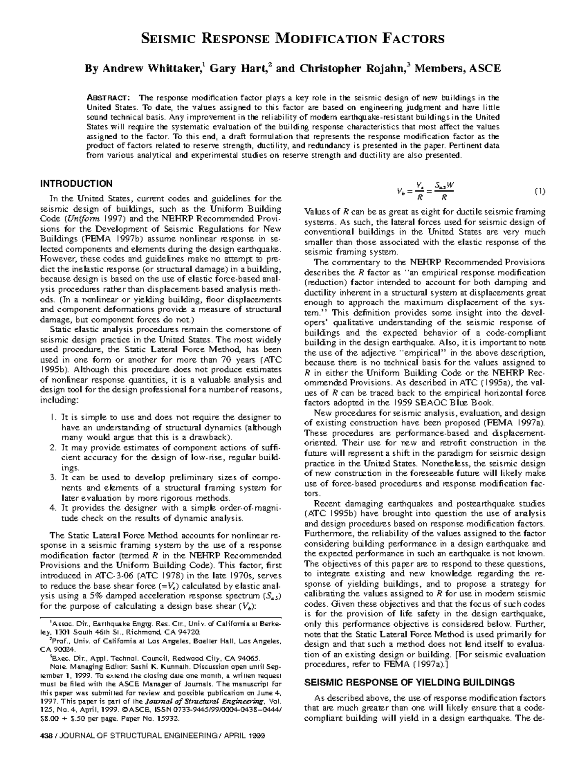 Seismic response modification factors - 438 / JOURNAL OF STRUCTURAL ...