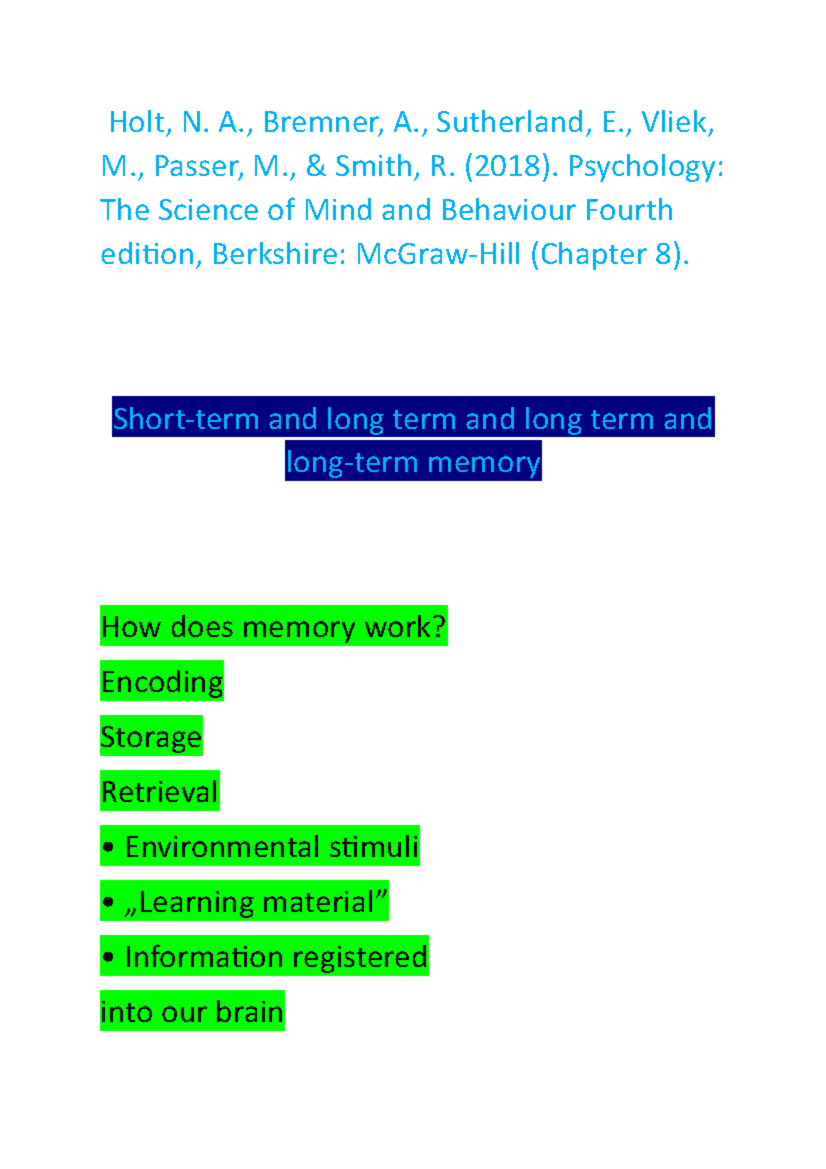 Memory And Forgetting Lecture Notes Lecture 9 201120 Holt N A Bremner A