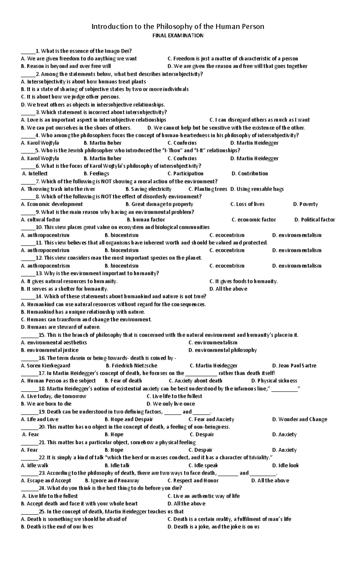 Philo-final-examination - Introduction to the Philosophy of the Human Person FINAL EXAMINATION ...