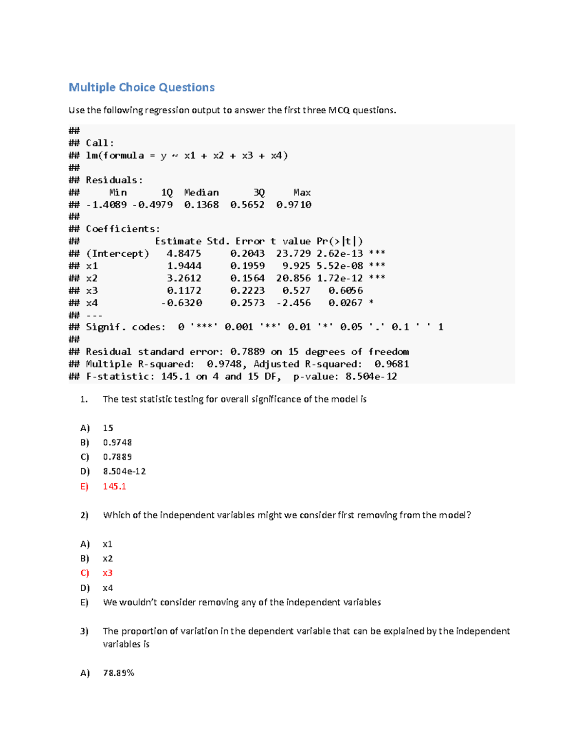 STA2020 regression practice questions with memo - Multiple Choice Questions Use the following ...