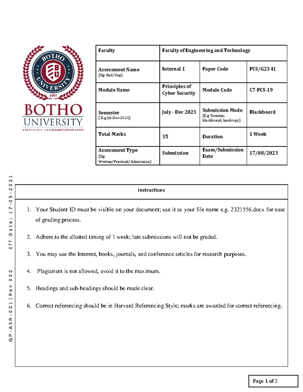 QP-ASR-001 Exam Question Paper - Internal 1 - Q P - A S R - 0 0 1 | R e v 0 0 0 E f f D a t e ...