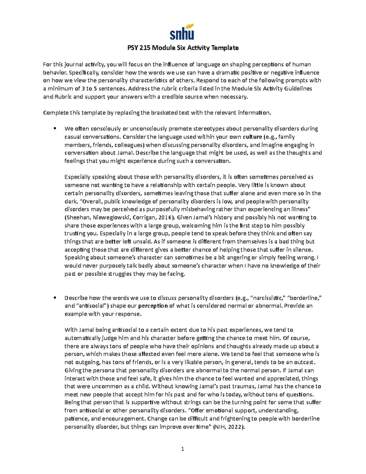 PSY 215 Module Six Activity Template - PSY 215 Module Six Activity ...