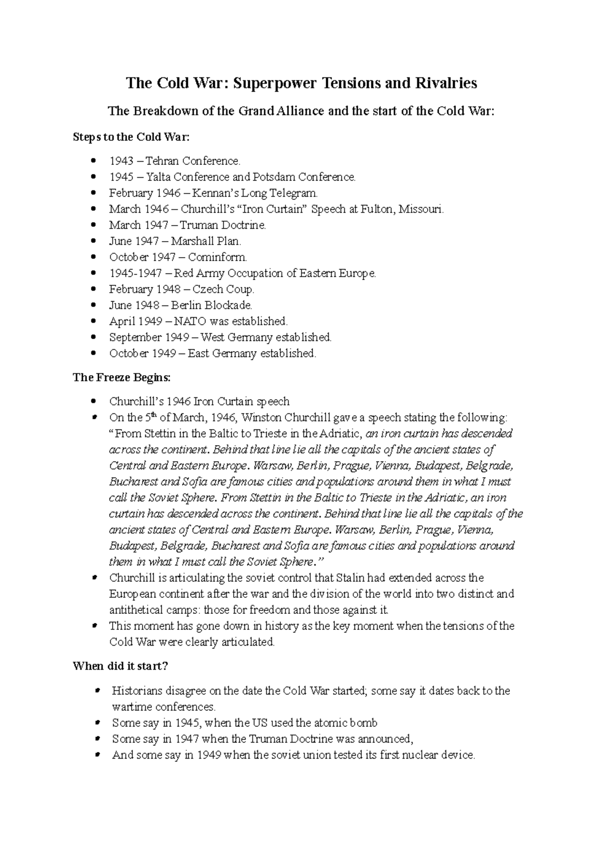 Origin of the Cold War Notes - The Cold War: Superpower Tensions and ...