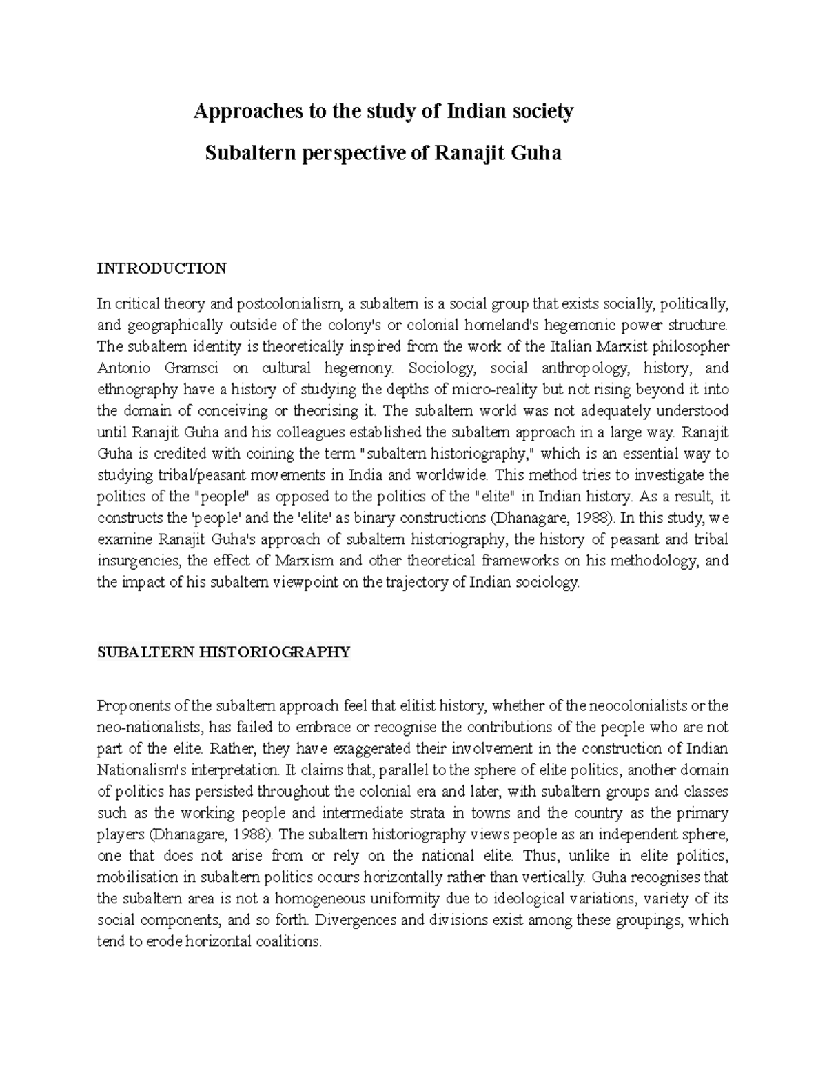 Approaches to the study of Indian society Subaltern perspective of ...