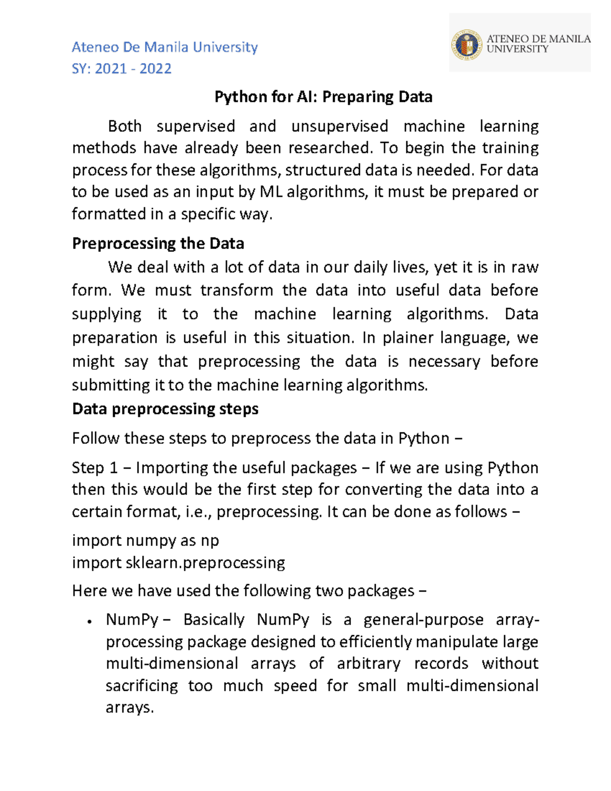 Python for AI Preparing Data - SY: 2021 - 2022 Python for AI: Preparing ...