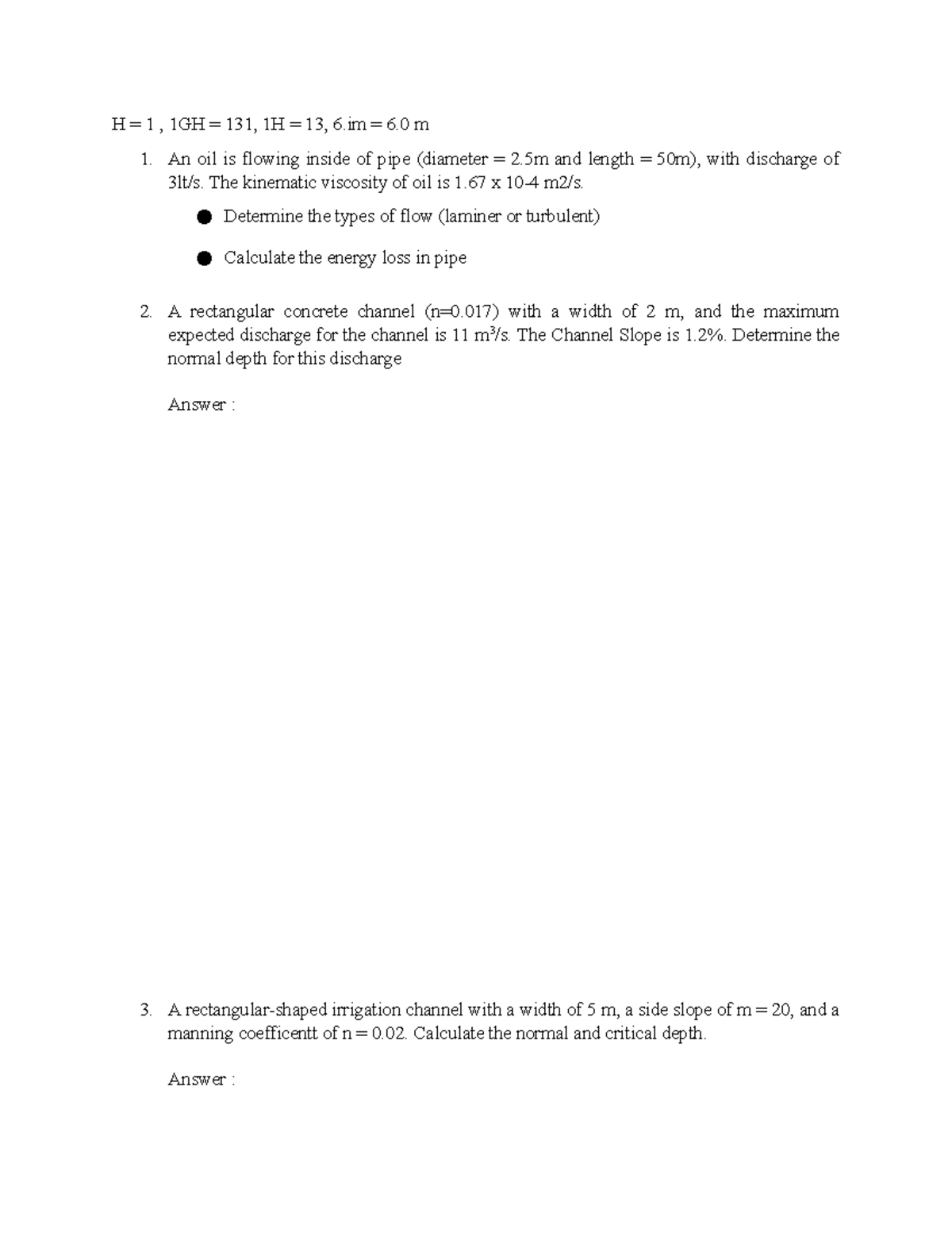 Assignment Work Hydro Physics - H = 1 , 1GH = 131, 1H = 13, 6 = 6 m 1 ...