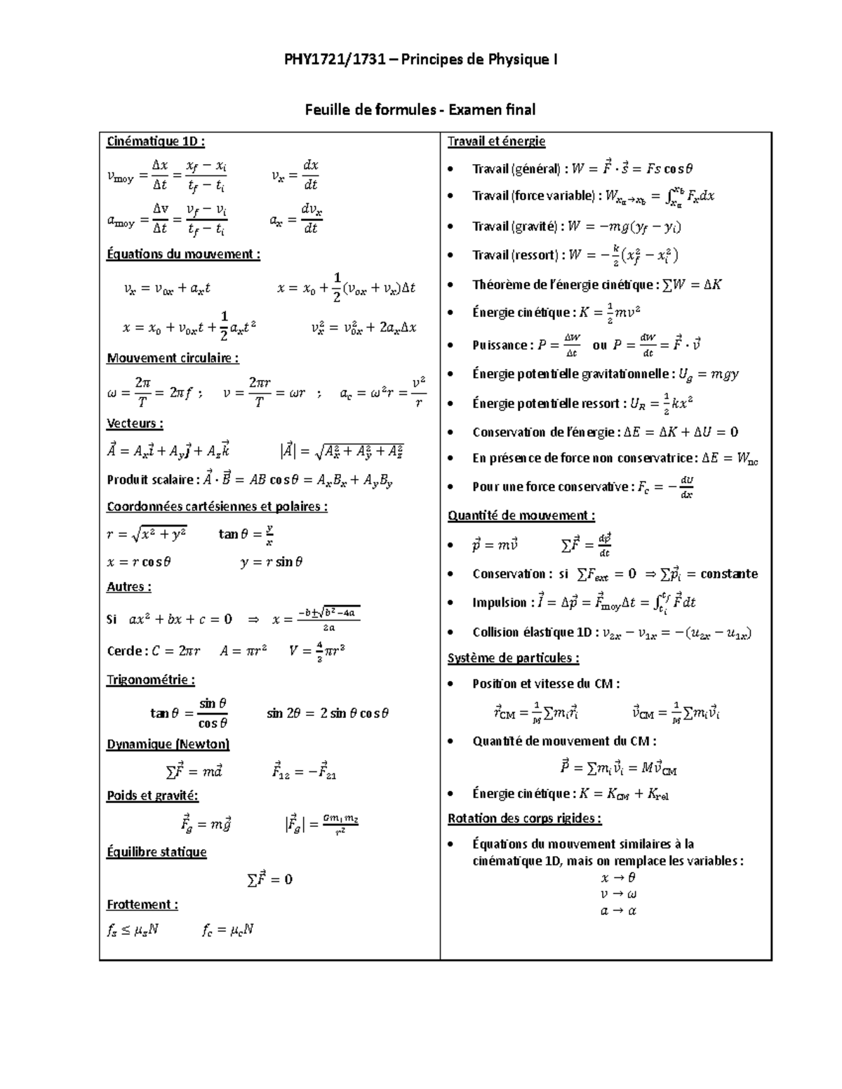 All the formules - PHY1721/1731 – Principes de Physique I Feuille de formules - Examen final ...