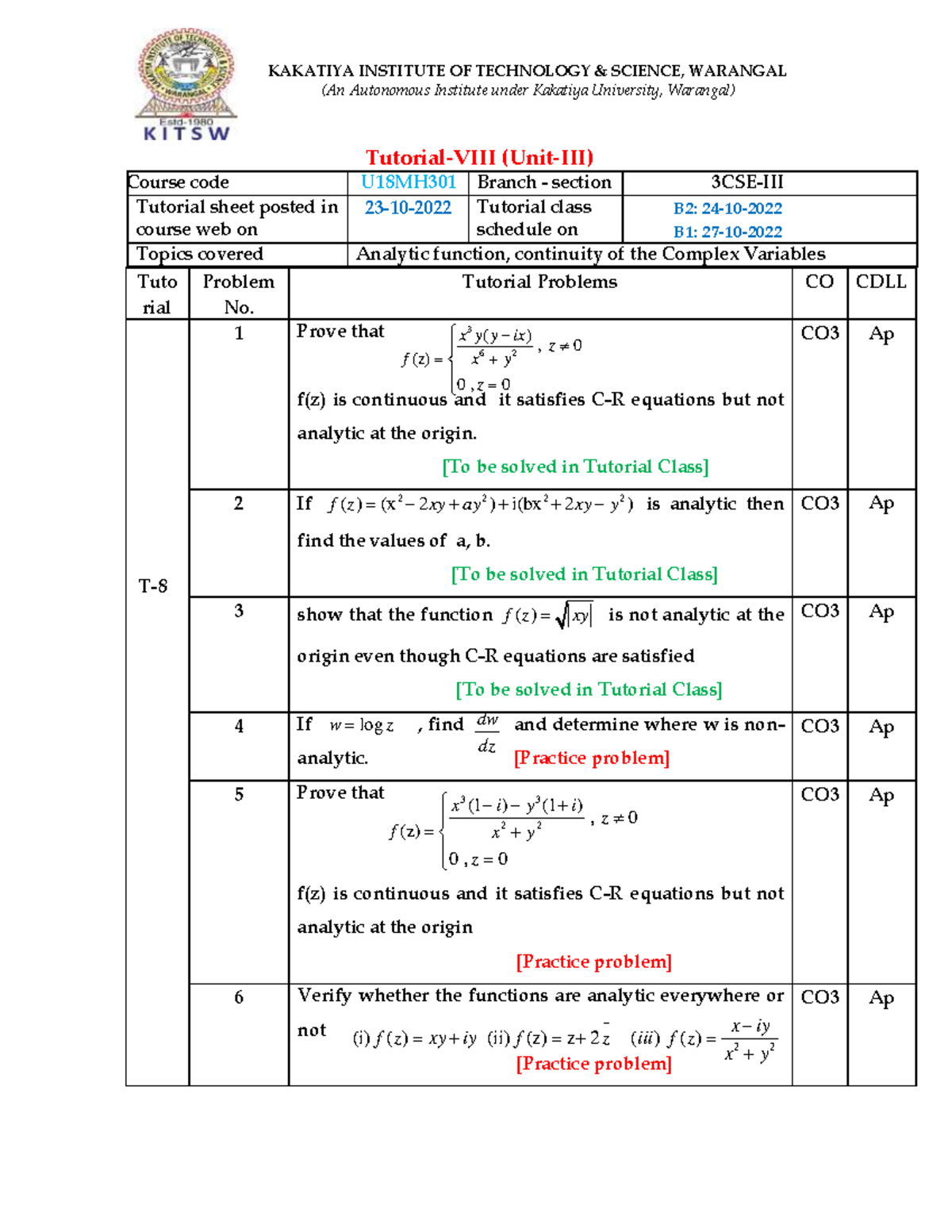EM3 T-8-3CSE3 - important notes - Tutorial-VIII (Unit-III) Course code ...