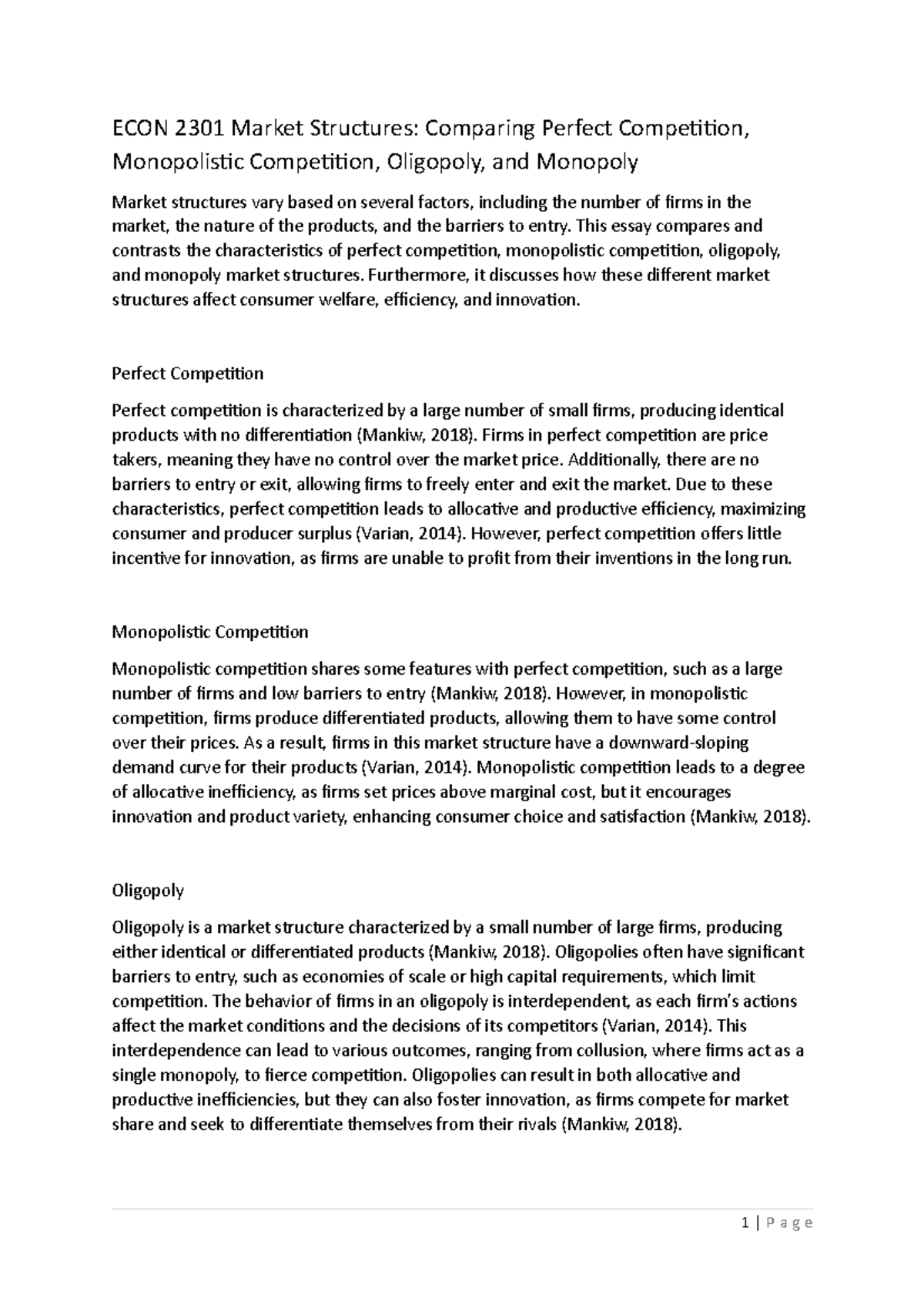 ECON 2301 Market Structures Comparing Perfect Competition, Monopolistic ...