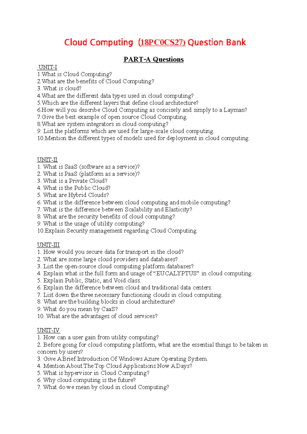 CC Question Bank - dcsdcs - Cloud Computing (18PC0CS27) Question Bank PART-A Questions UNIT-I 1 ...