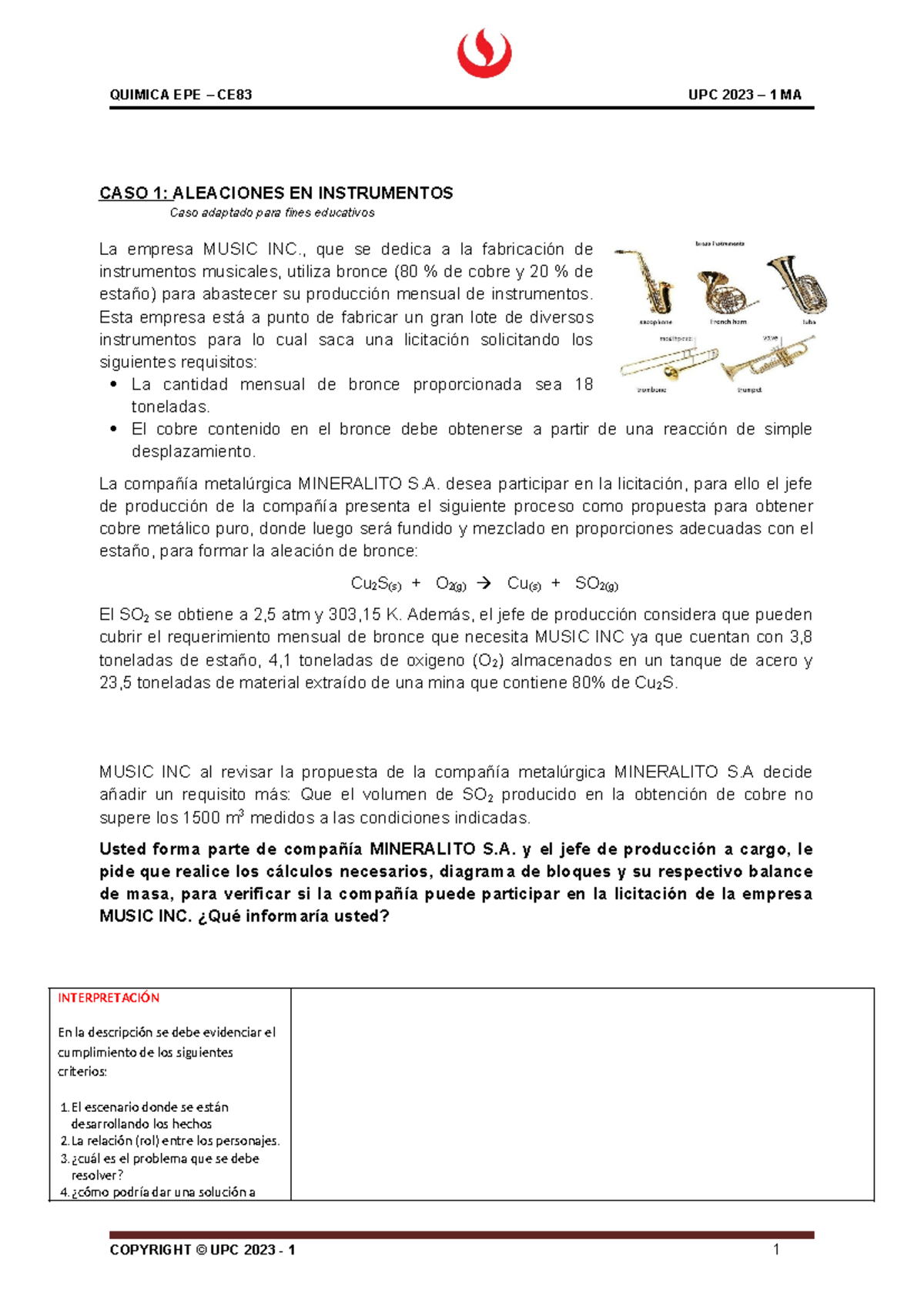 Taller 7 EPE (CE83) 2023 - 1 MA - CASO 1: ALEACIONES EN INSTRUMENTOS Caso adaptado para fines ...