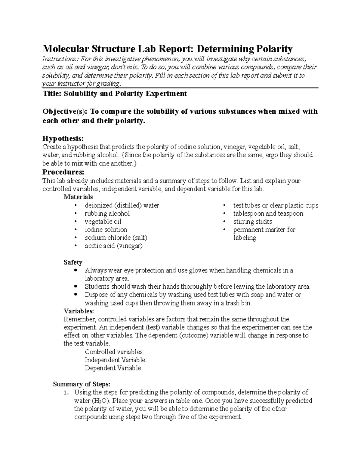 Lab report - Yes - Molecular Structure Lab Report: Determining Polarity ...