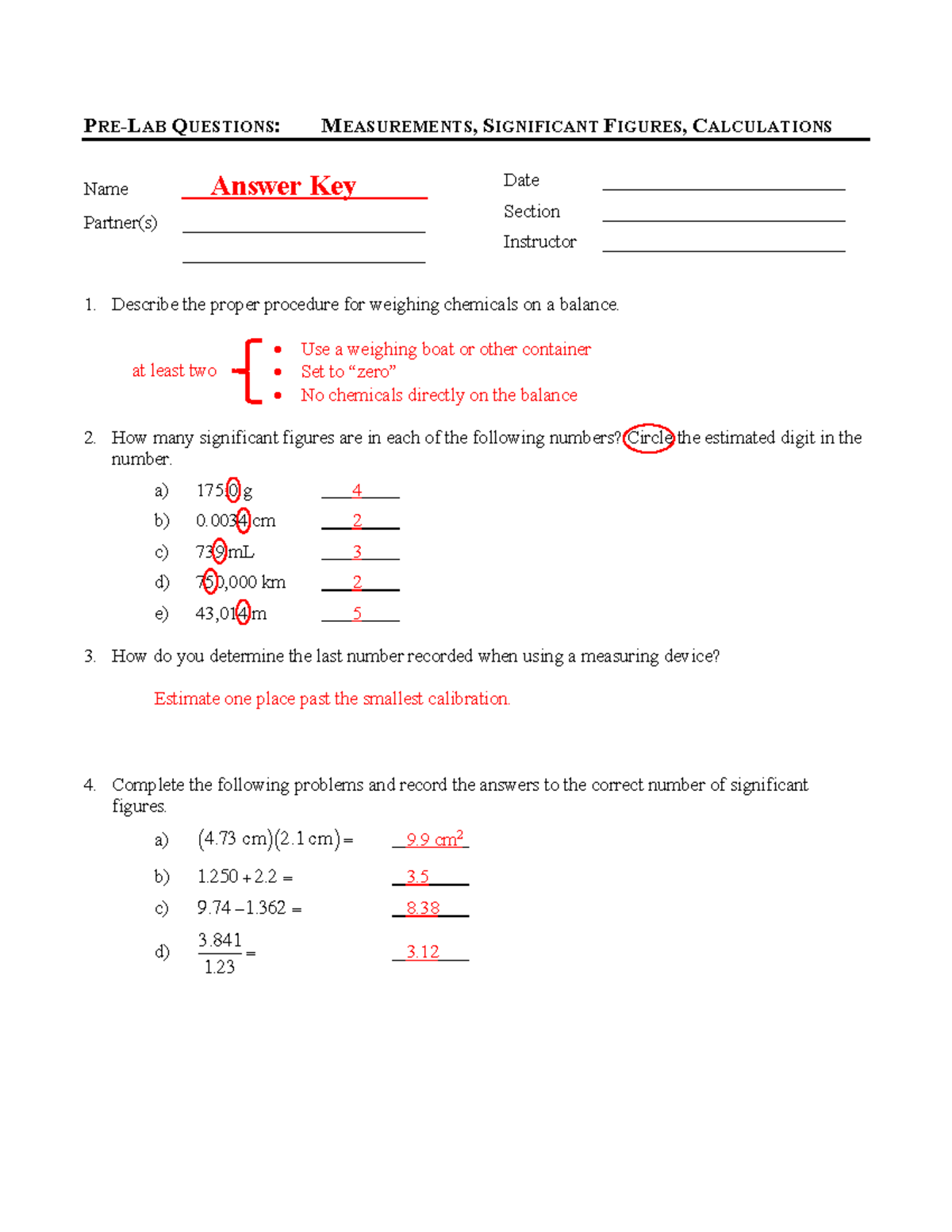 1 Measurements answer key - PRE - L AB QUESTIONS : M EASUREMENTS ...