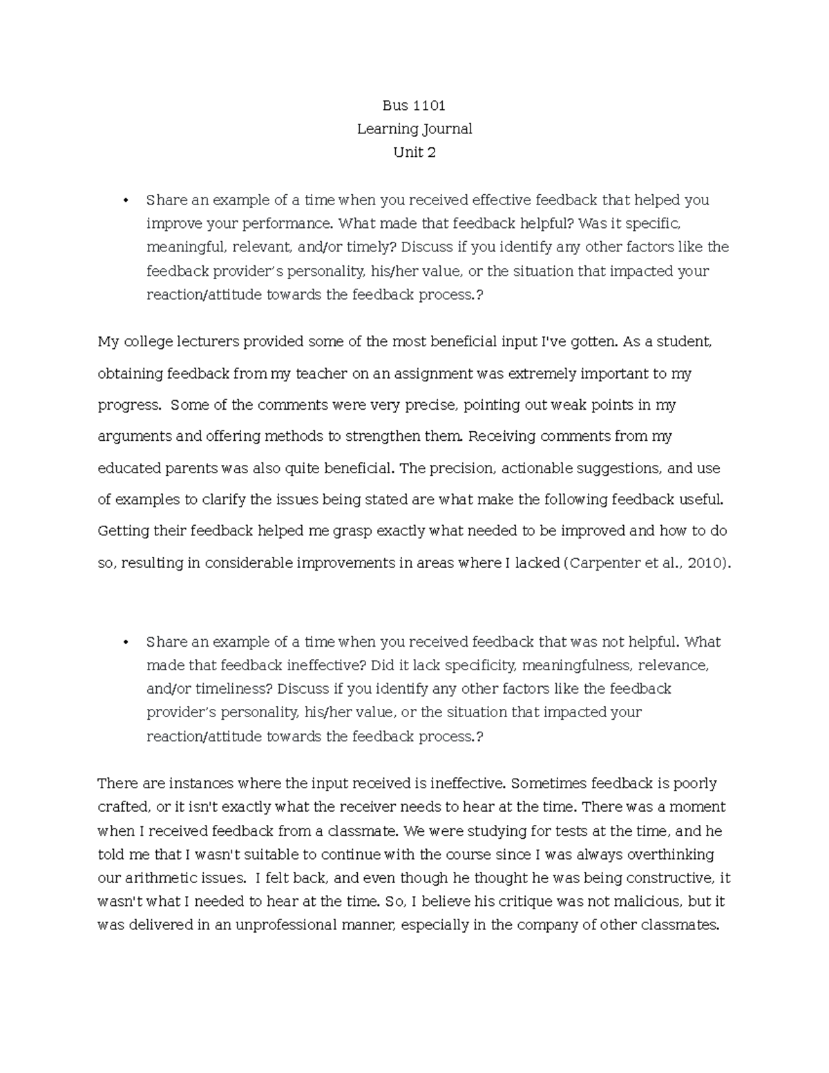 Learn Bus 1101 Unit 2 Assignment Bus 1101 Learning Journal Unit 2 Share An Example Of A Time