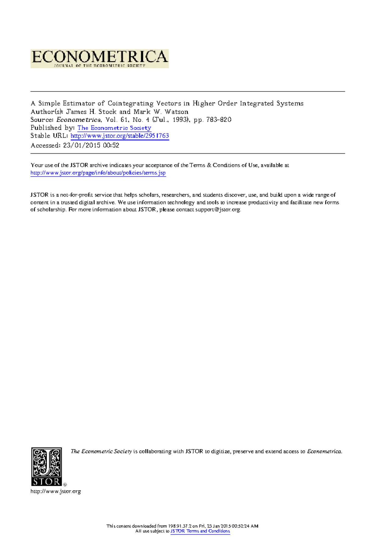 Dols Estimation A Simple Estimator Of Cointegrating Vectors In