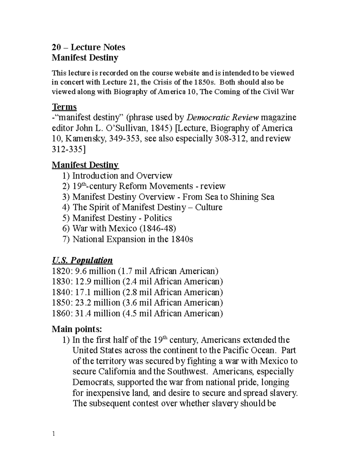 20 - Lec Note - Manifest Destiny - 20 – Lecture Notes Manifest Destiny ...