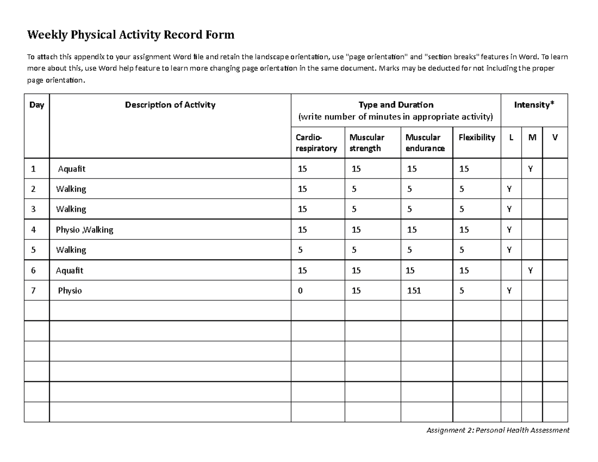 Nutr331- Assignment Wellness - Weekly Physical Activity Record Form To ...