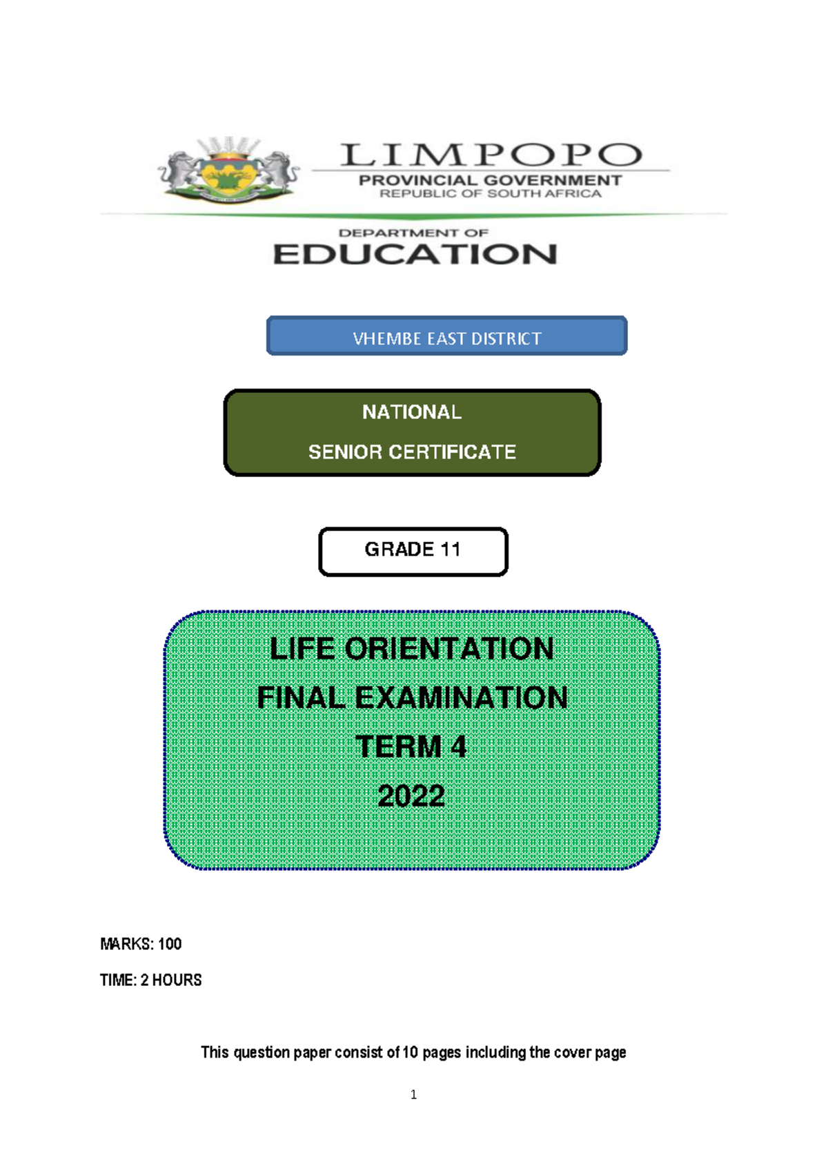 GRAD 11 Final Examination LO 2022 Q P pdf - MARKS: 100 TIME: 2 HOURS ...