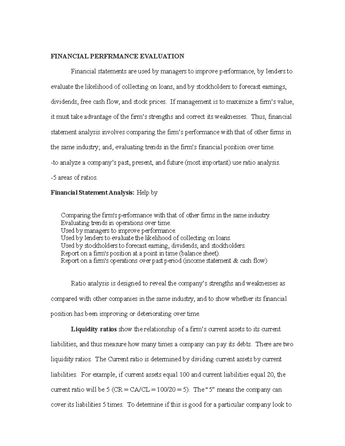 Class note FPE - Finance Performance Evaluation - FINANCIAL PERFRMANCE ...