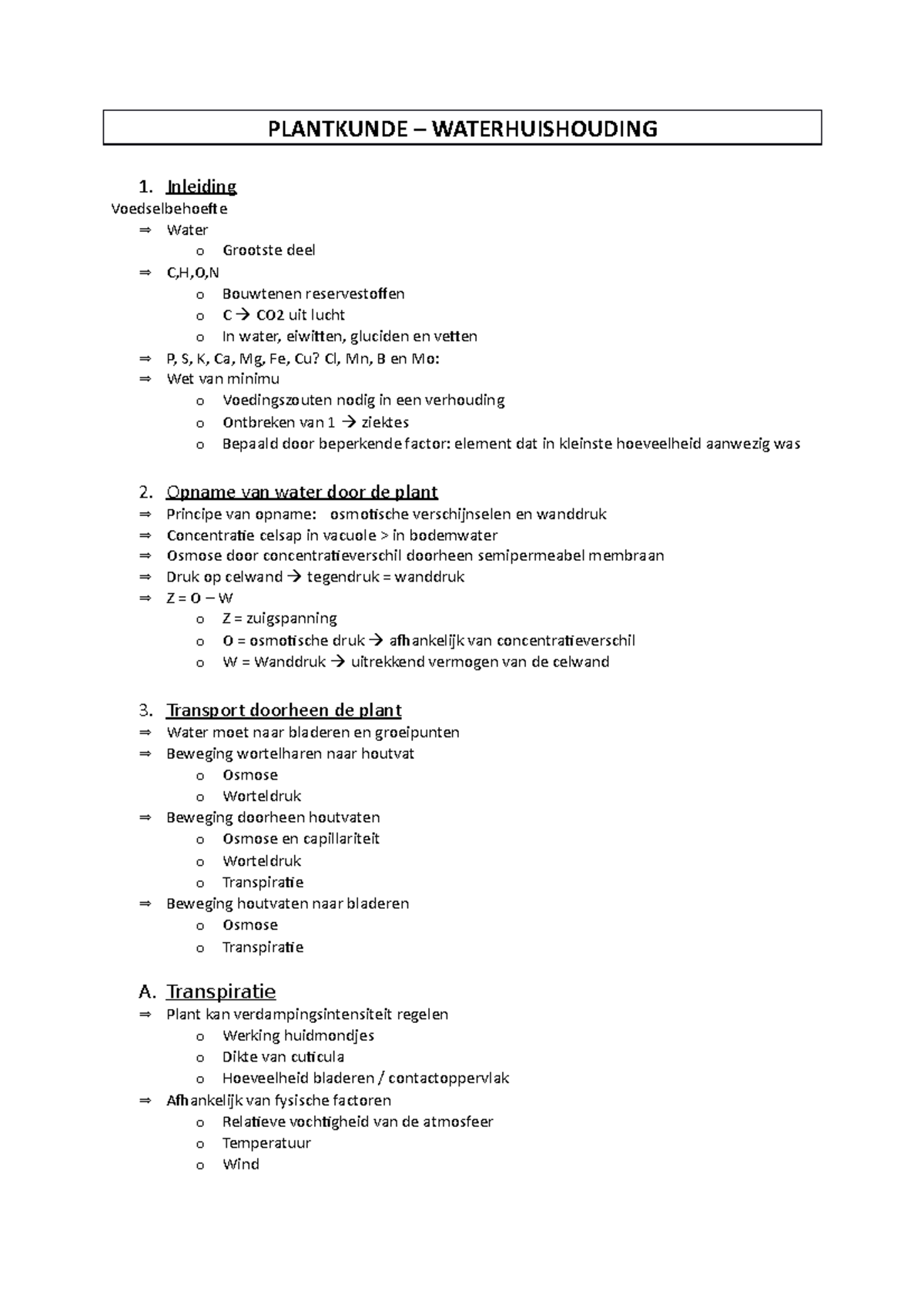 Samenvatting plantkunde - 6 Waterhuishouding - PLANTKUNDE ...