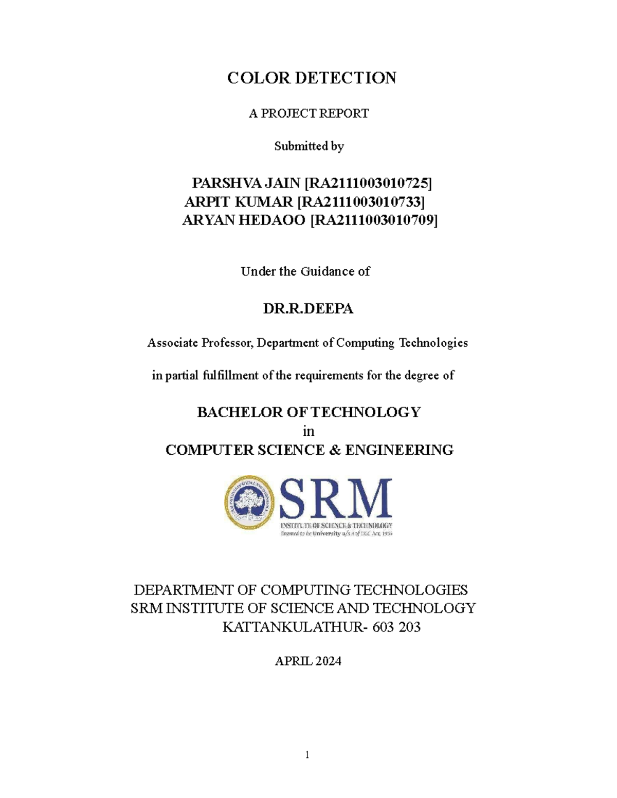 AI Reporttttt - COLOR DETECTION A PROJECT REPORT Submitted by PARSHVA ...