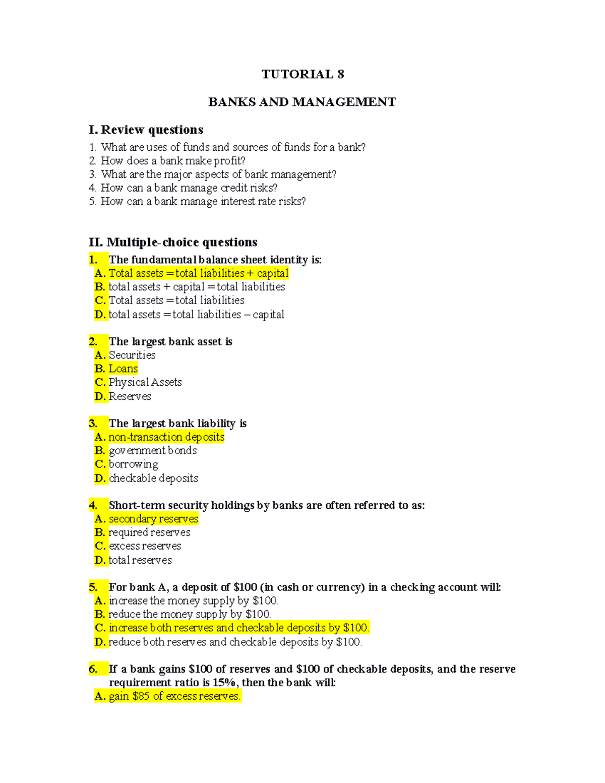 Tutorial 8 questions - useful for hanu students - TUTORIAL 8 BANKS AND ...