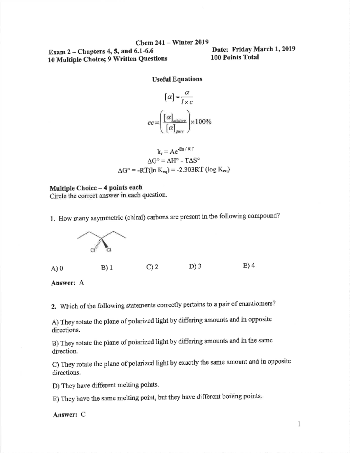 Exam 2 Key - Organic Chem Exam 2 Answers Fall 2020 - CHEM 241 - Studocu