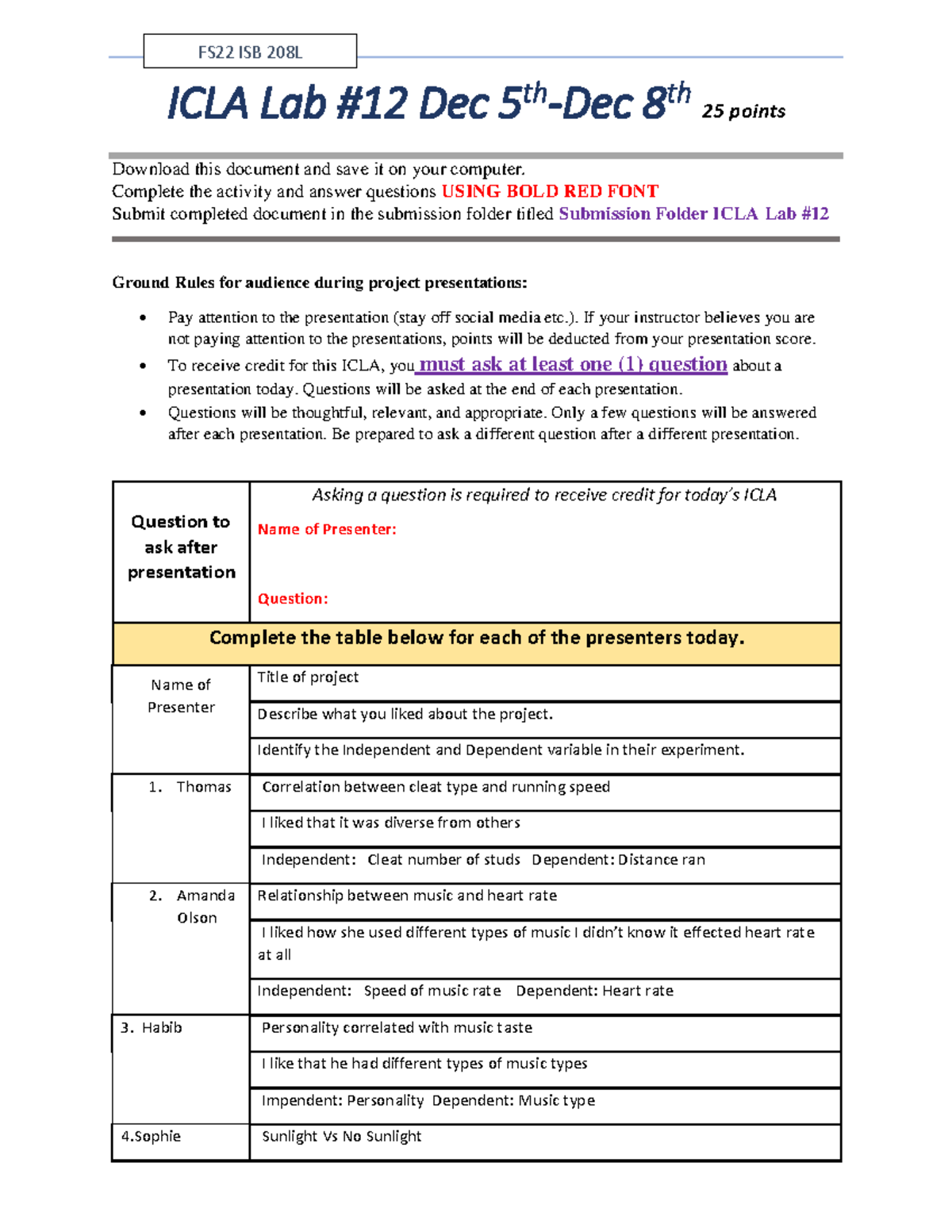 ICLA Lab #12 - Lab - ICLA Lab # 1 2 Dec 5 th - Dec 8 th 25 points ...