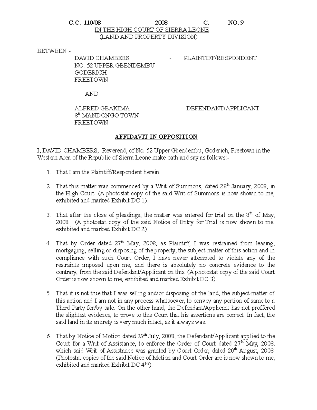 Affidavit IN Opposition David Chambers - C. 110/08 2008 C. NO. 9 IN THE ...