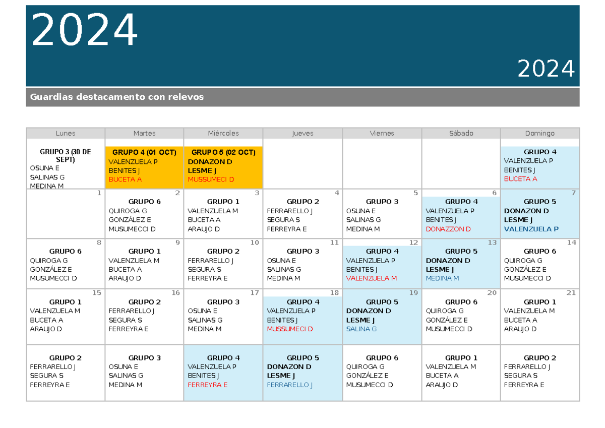 Septiembre - fgfgd - 2024 2024 Guardias destacamento con relevos Lunes ...