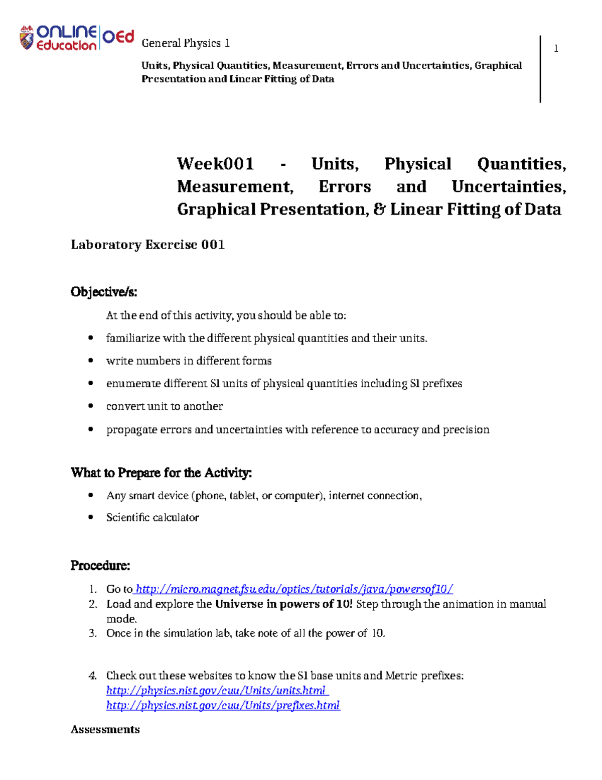 Week001-Lab Ex001 - asssssssssd - General Physics 1 Units, Physical Quantities, Measurement ...