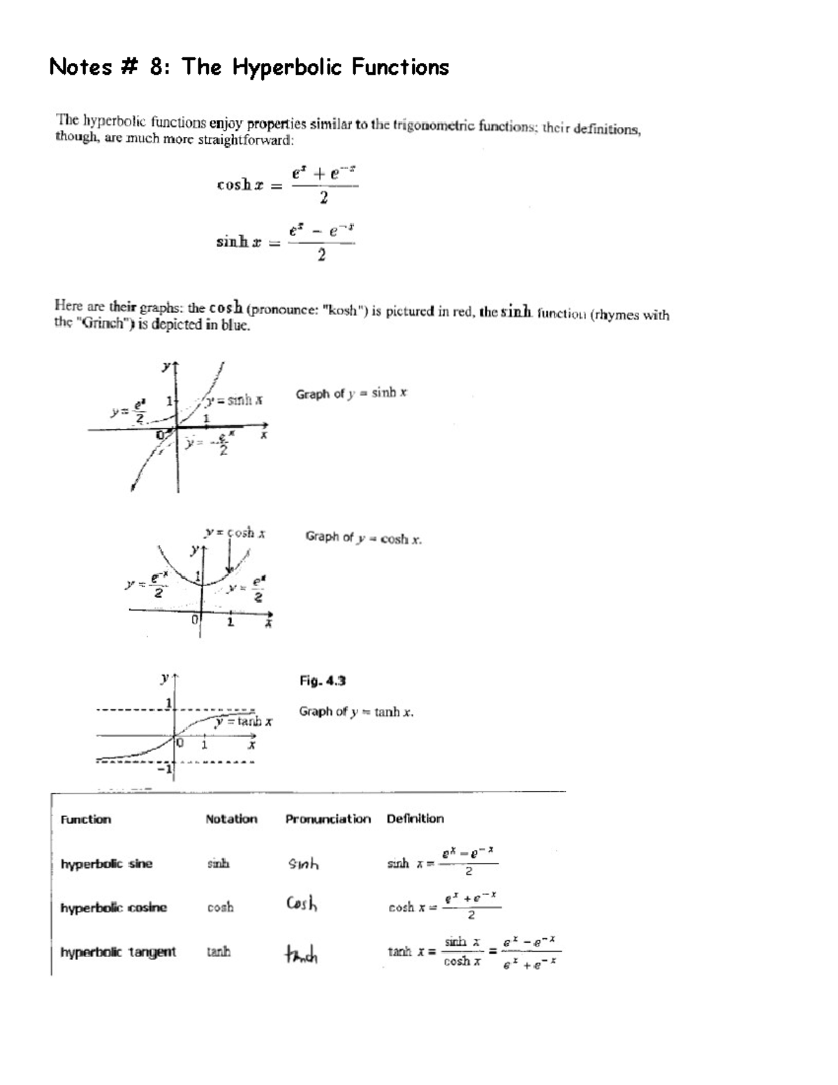 Notes #8- The Hyperbolic Functions new - MATH 20200 - Notes # 8: The ...