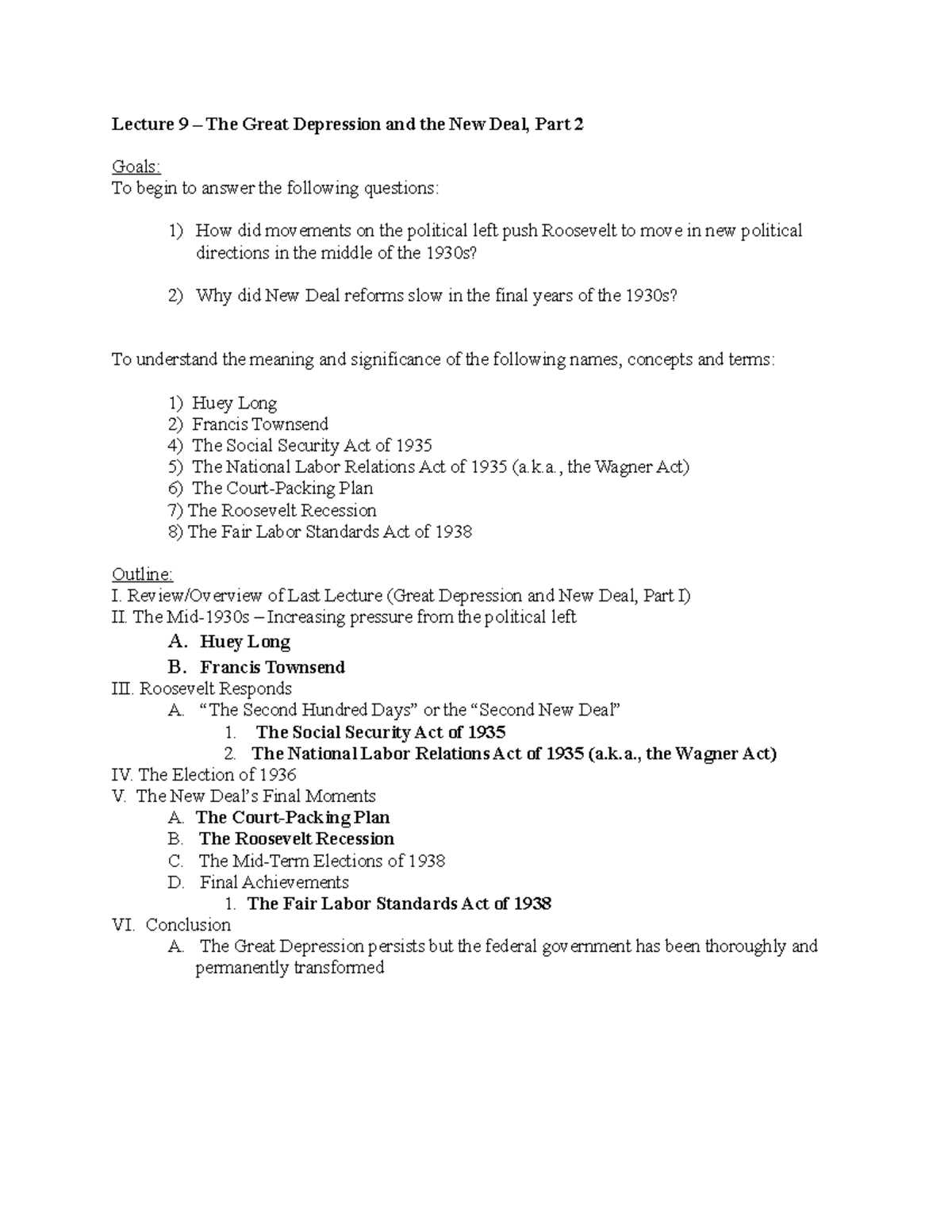 Lecture 9 Depression New Deal Part2 Outline 2022 - Lecture 9 – The ...