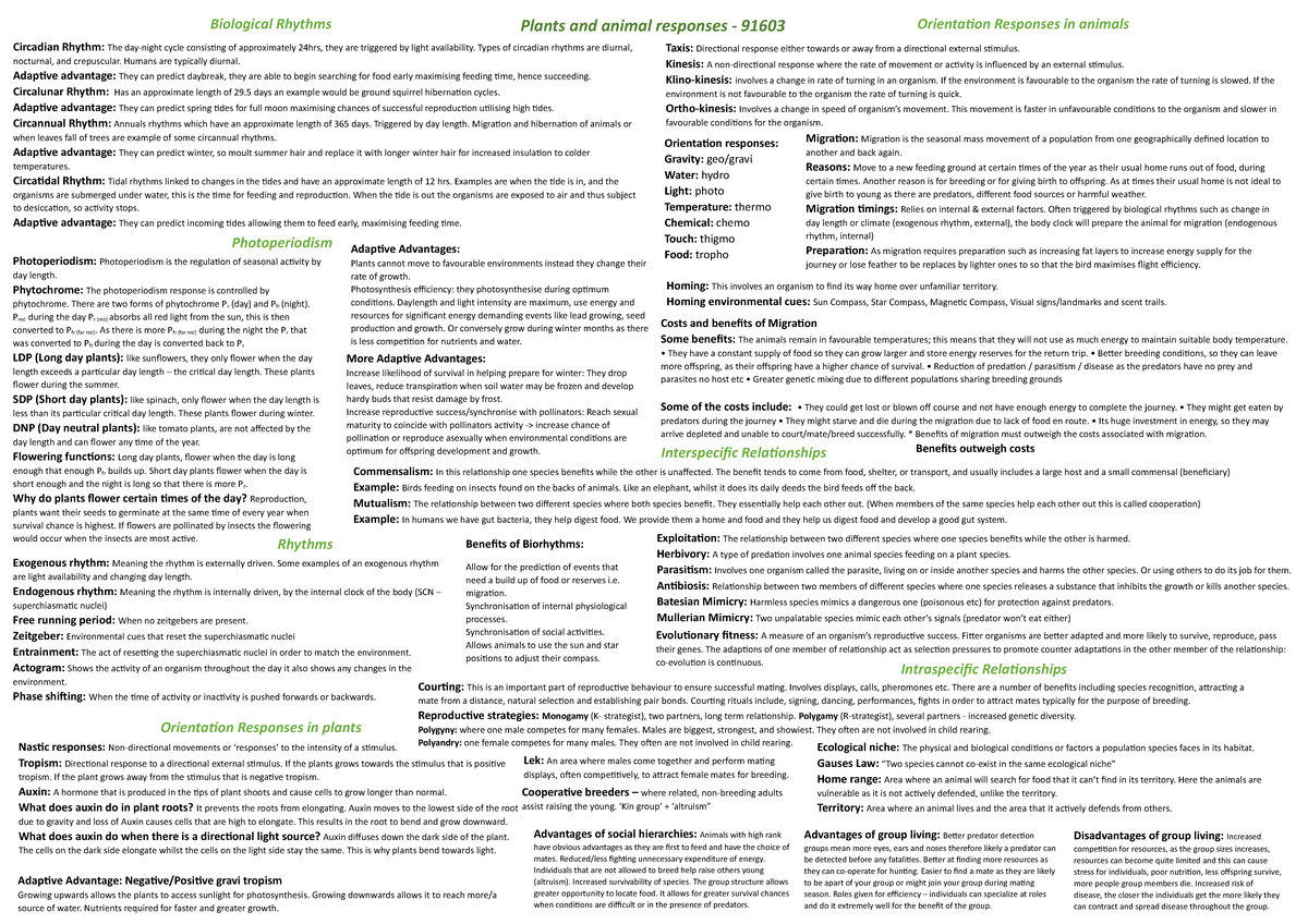 Plants & Animal responses - 91603 condensed notes - More Adaptive ...