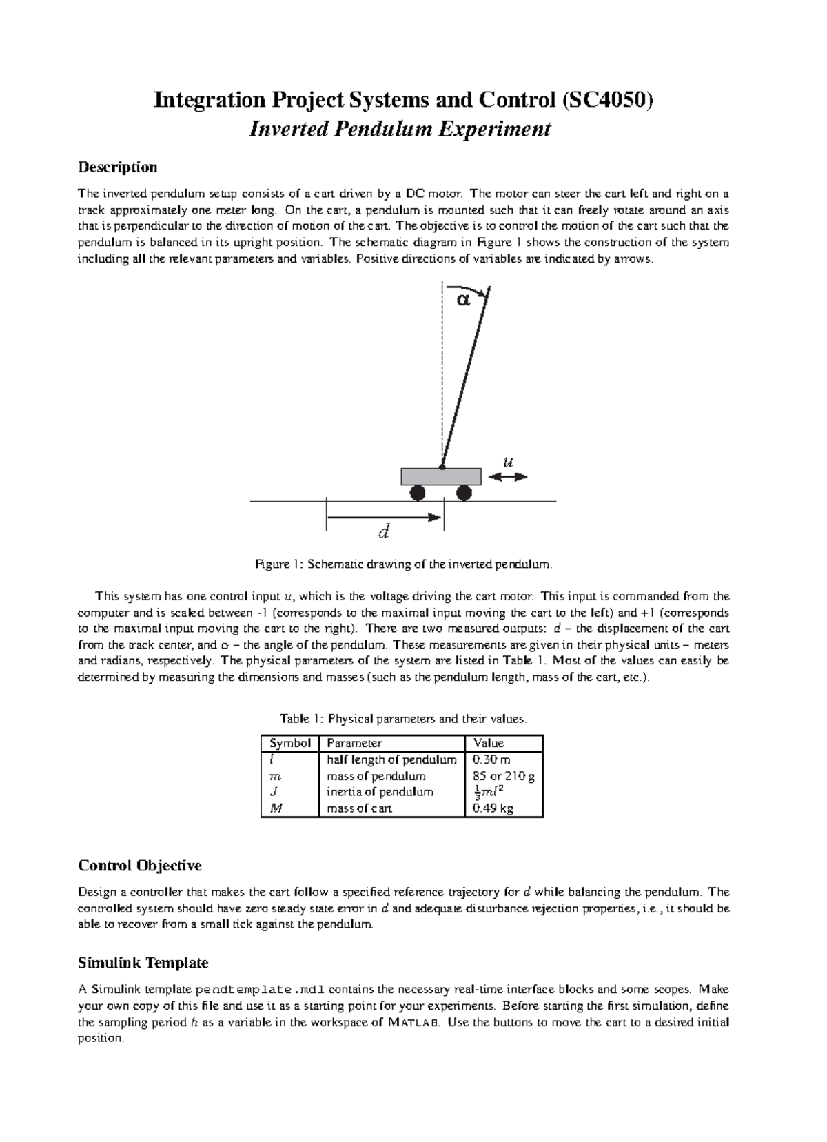 Inverted Pendulum Experiment - Integration Project Systems and Control ...