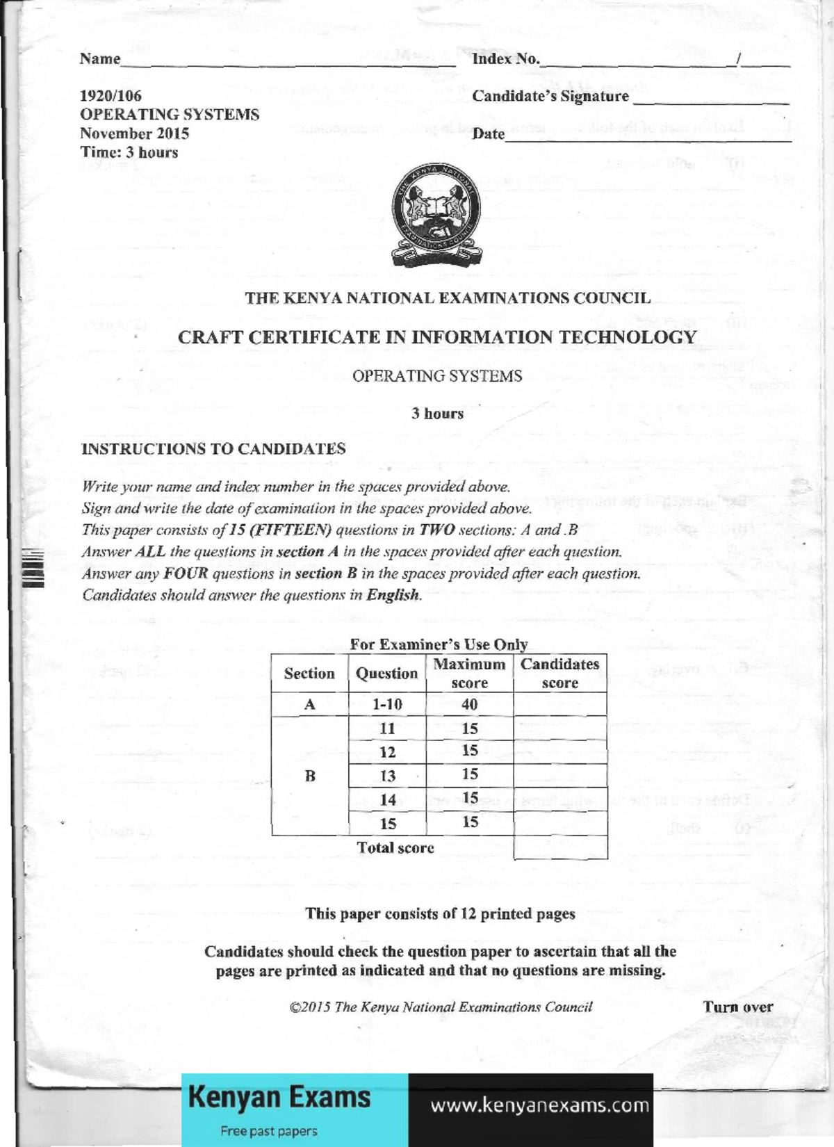 Operating systems november cert 2015 - © 20 1 5 T he Kenya National ...