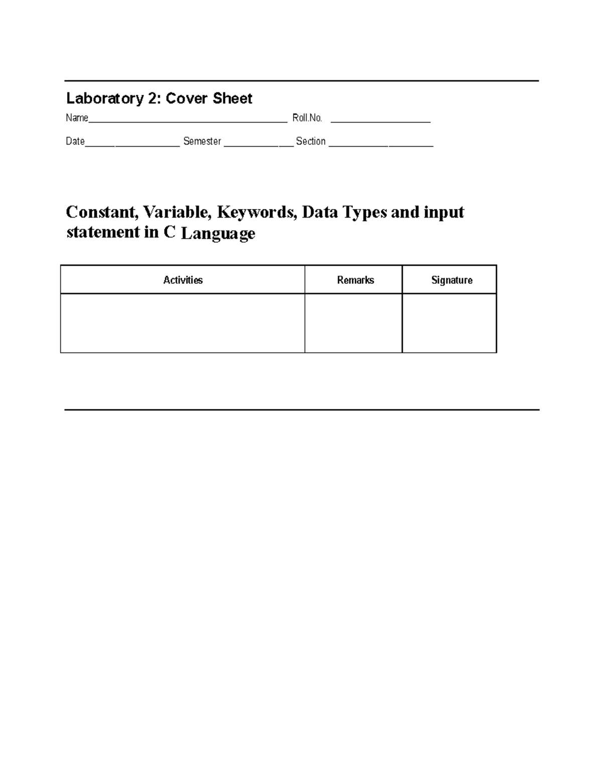 LAB 02 - lab manual c language - Laboratory 2: Cover Sheet - Studocu