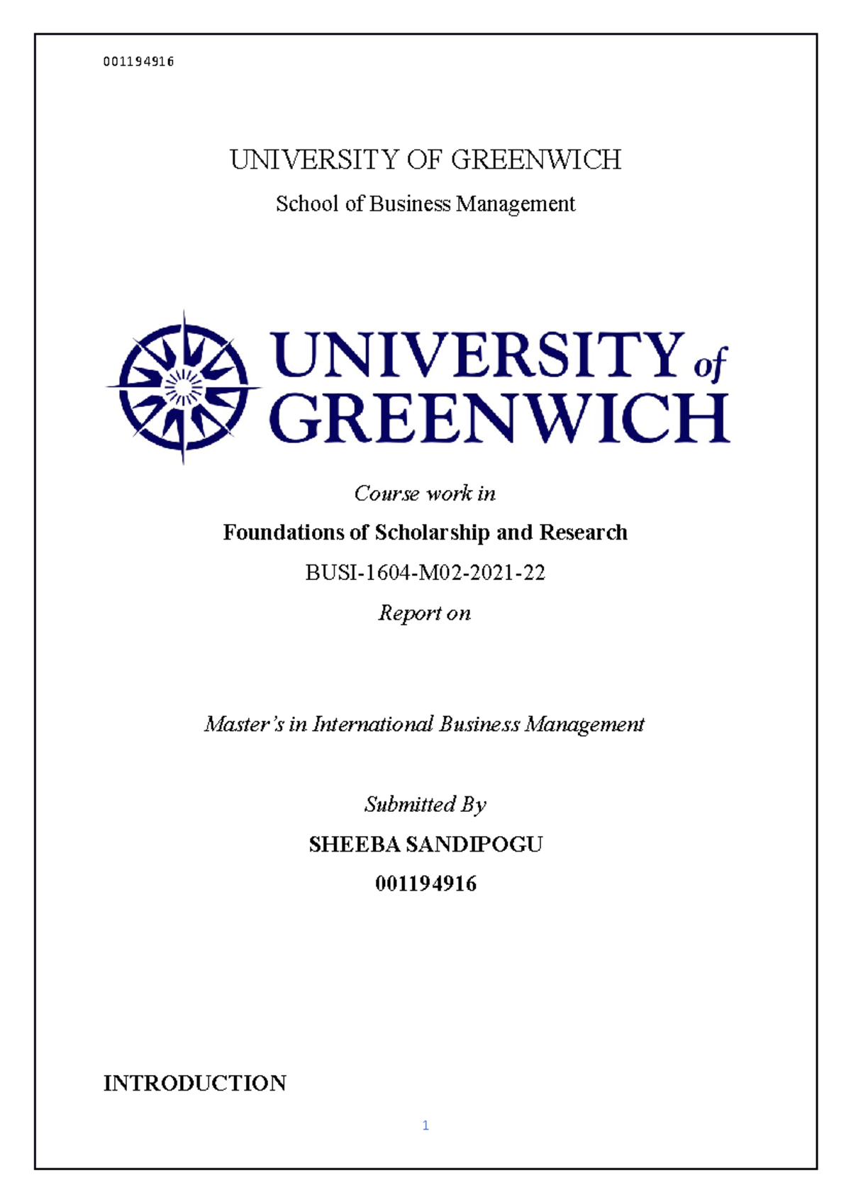 Studoco 1 - asdfv - UNIVERSITY OF GREENWICH School of Business ...