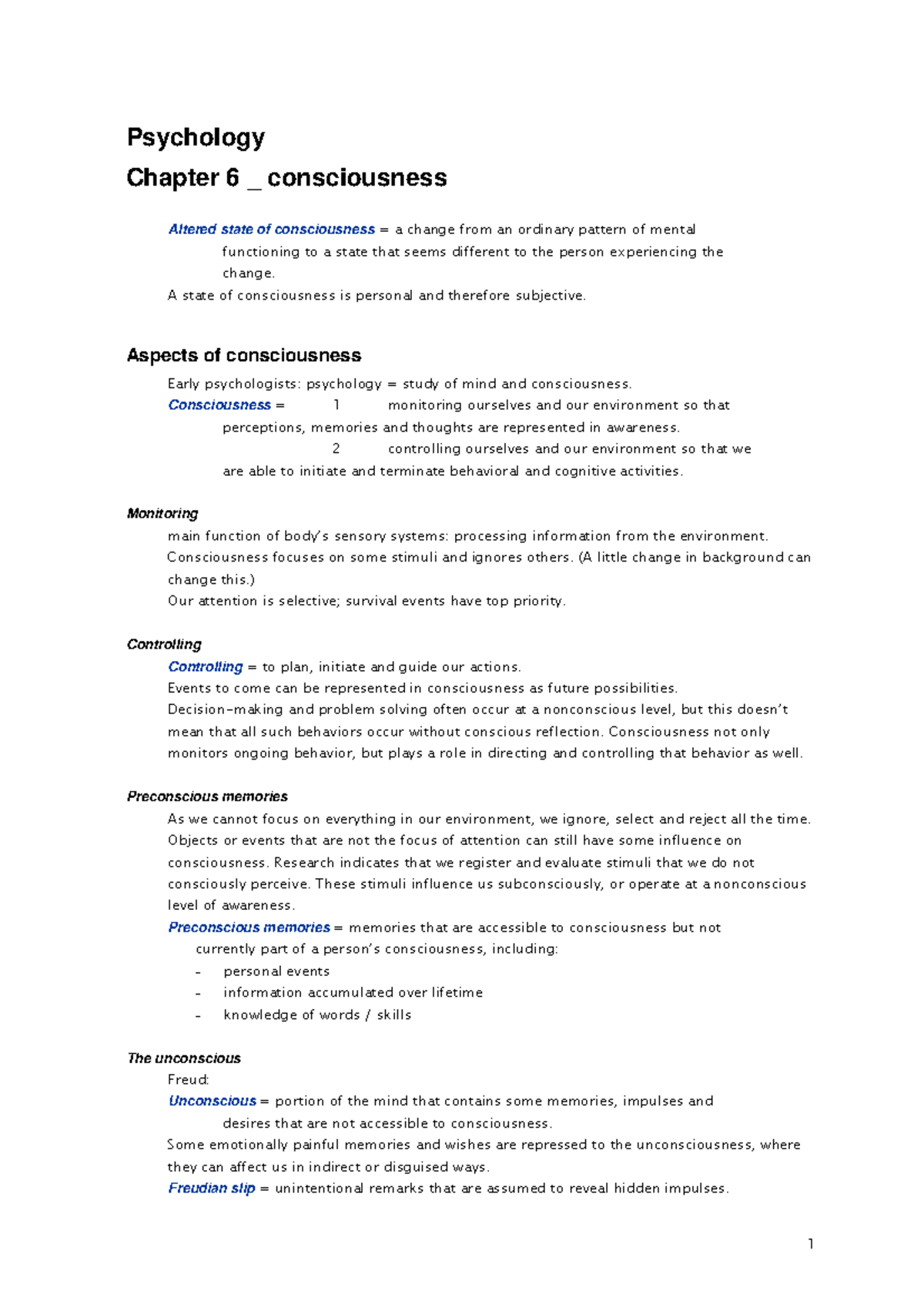 Summary Psychology - Psychology Chapter 6 _ consciousness Altered state ...