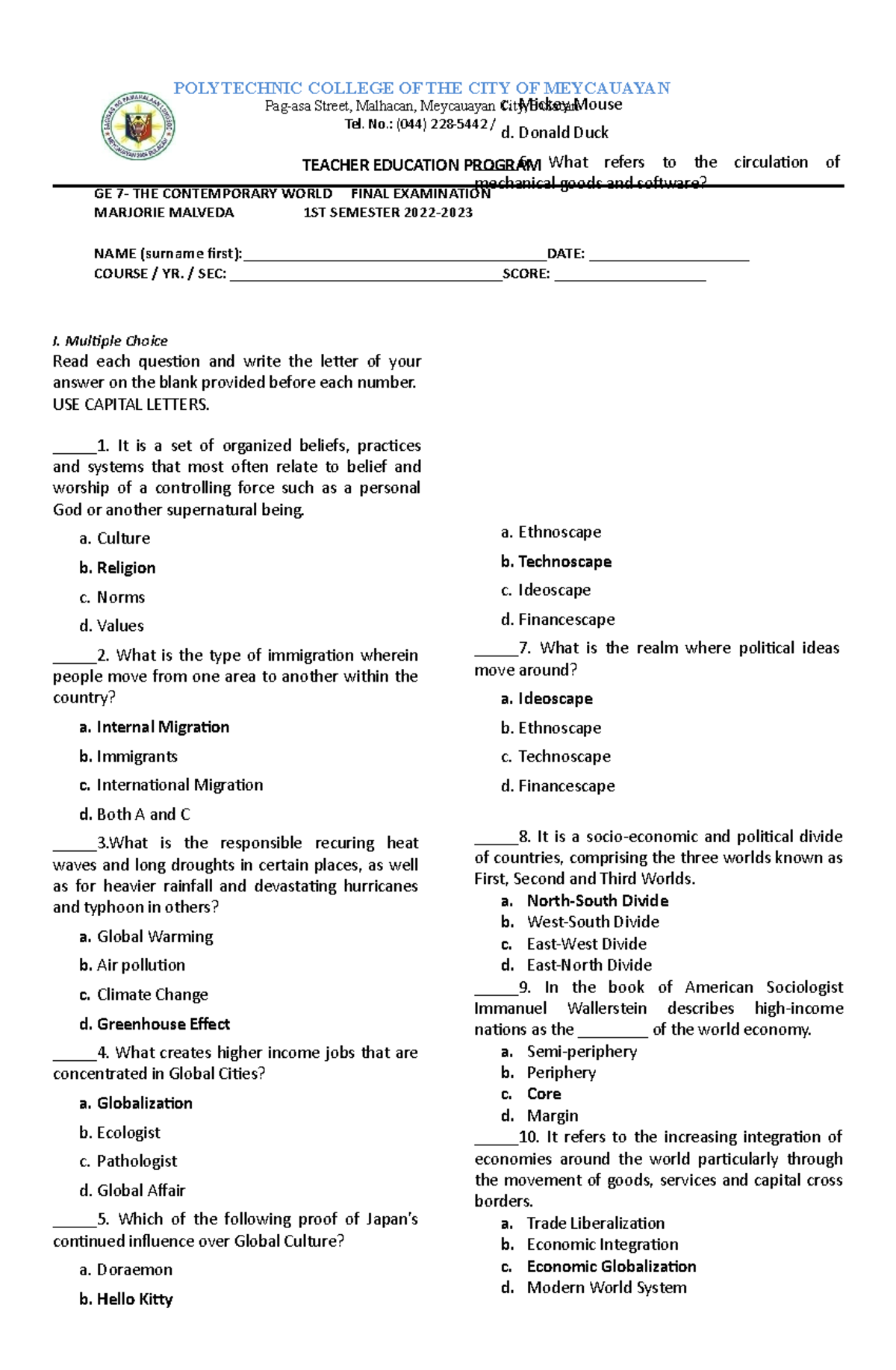 GE 7 Finals - educ - POLYTECHNIC COLLEGE OF THE CITY OF MEYCAUAYAN Pag ...