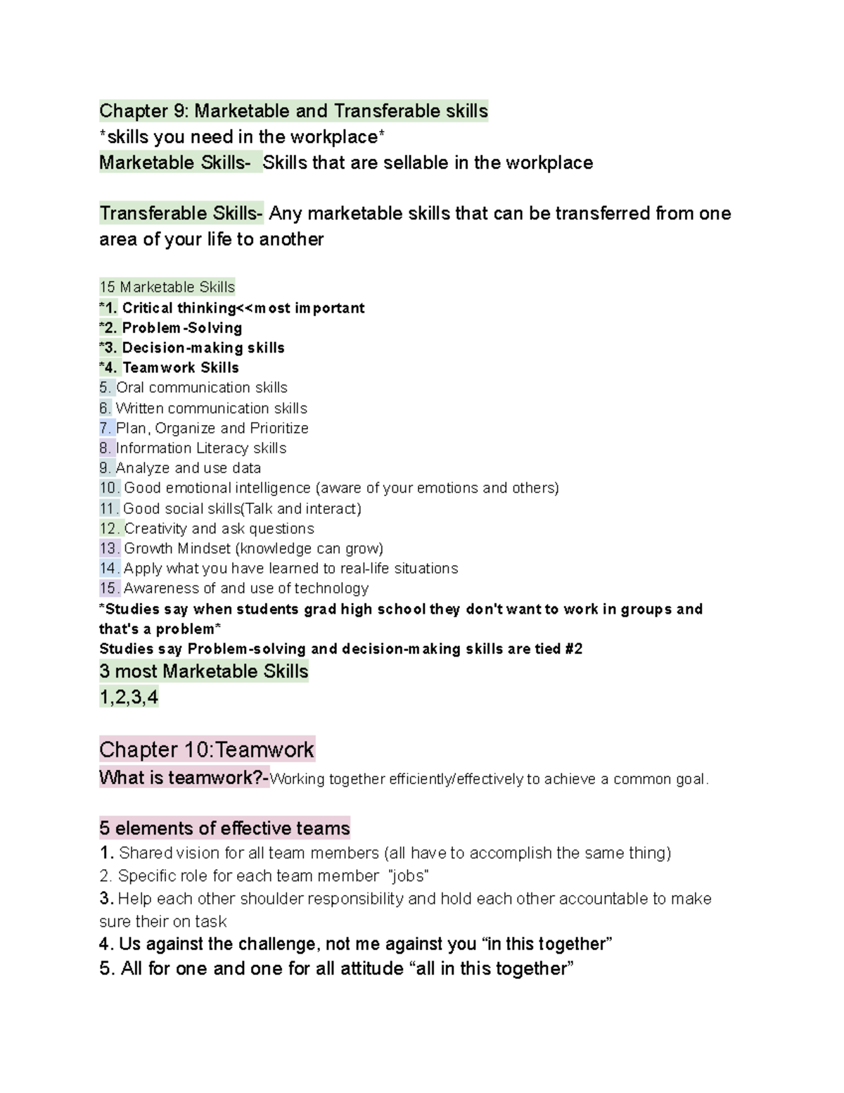 Chapter 9,10,11 notes - Chapter 9: Marketable and Transferable skills ...