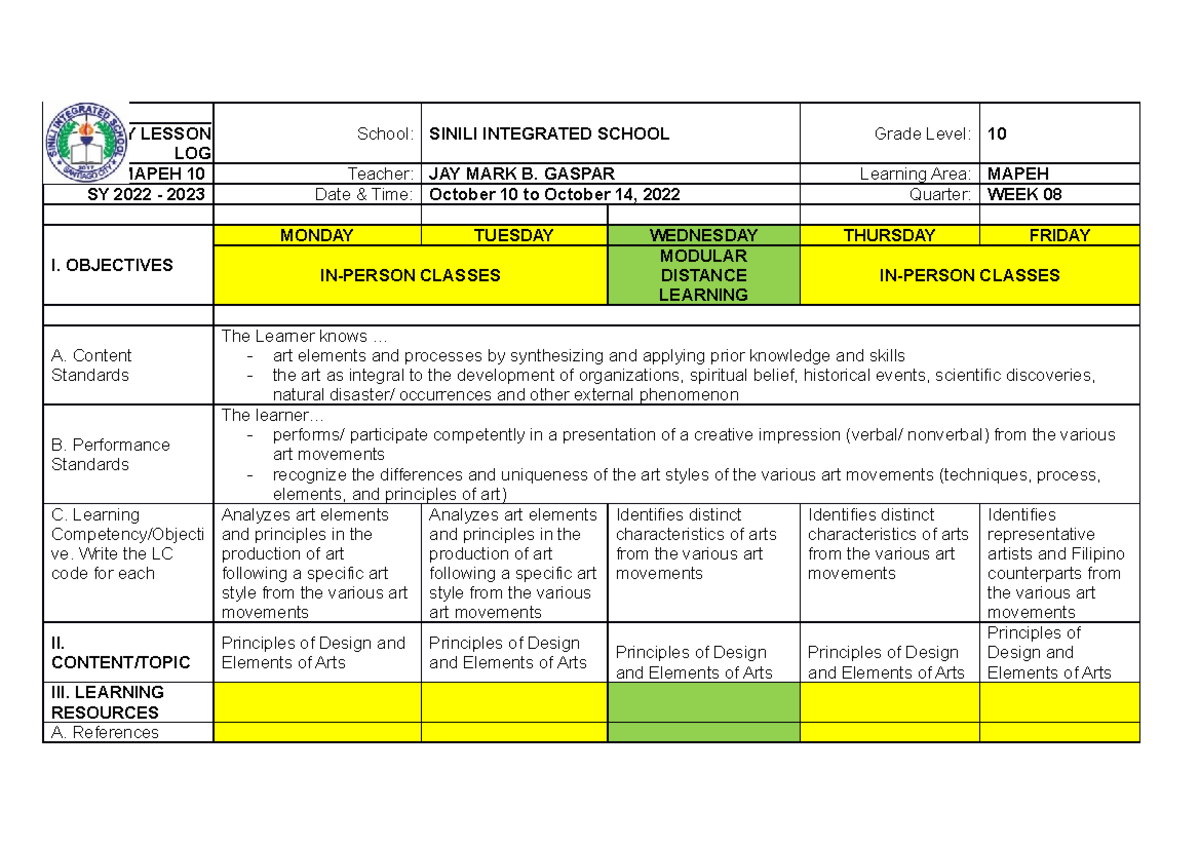 Mapeh 10 - none - DAILY LESSON LOG School: SINILI INTEGRATED SCHOOL ...