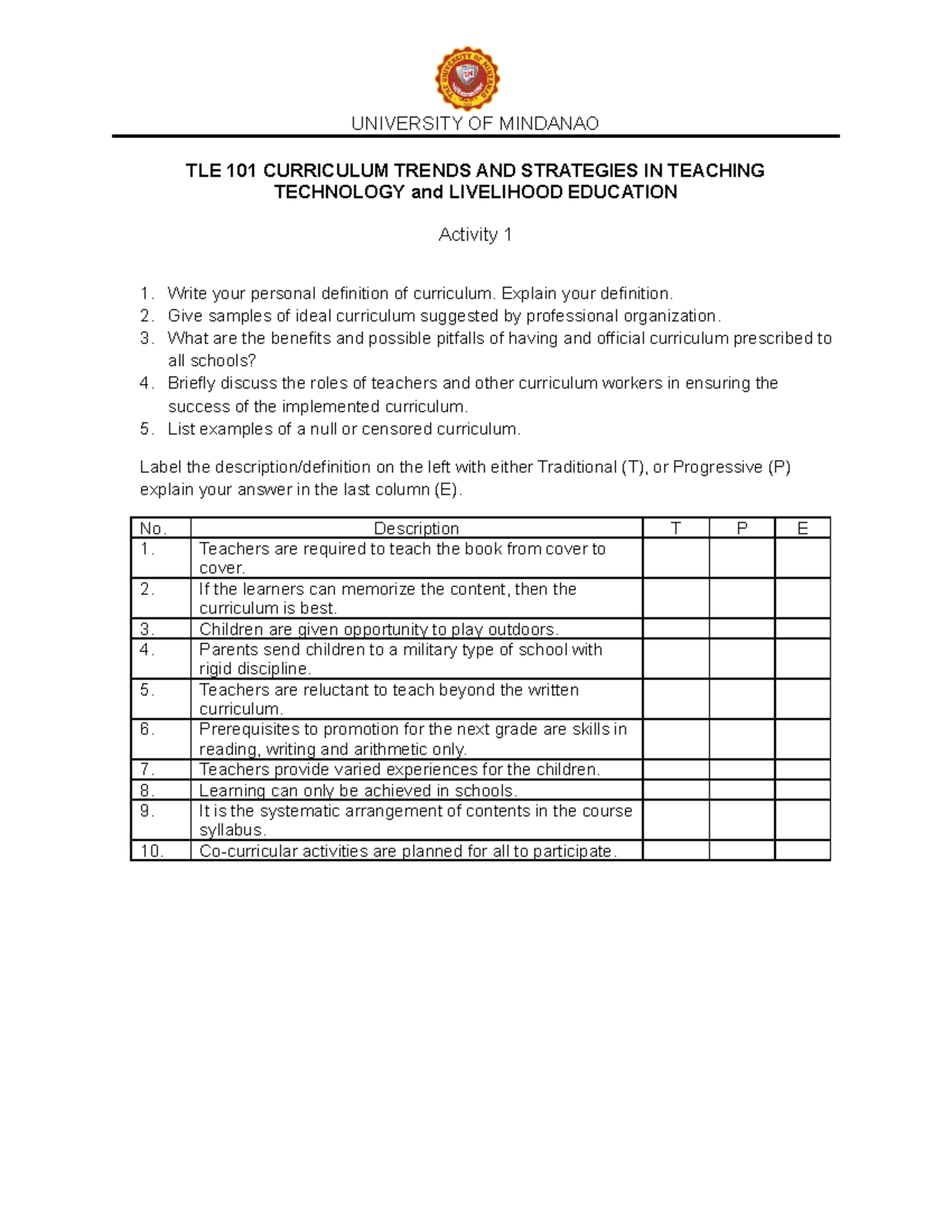 TLE 101 Activity 1 - lecture notes and modules - UNIVERSITY OF MINDANAO ...