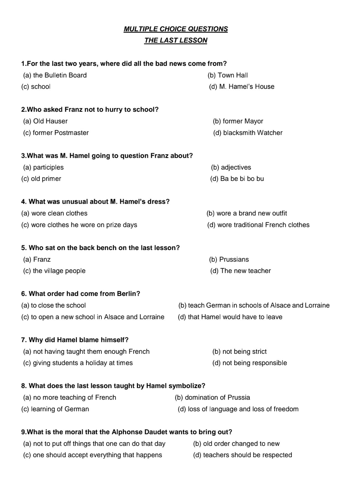 The last lesson mcq - English class 12th - Studocu