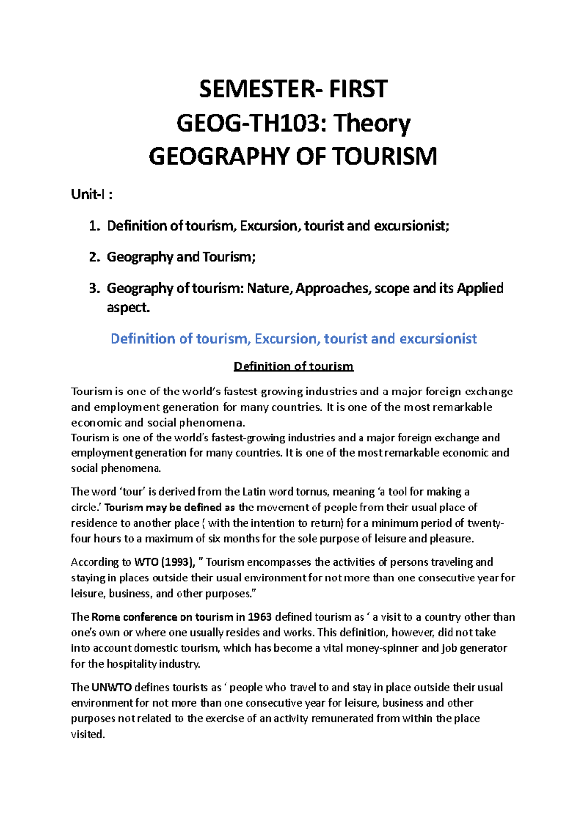 Tourism Geography Paper 3 - SEMESTER- FIRST GEOG-TH103: Theory ...