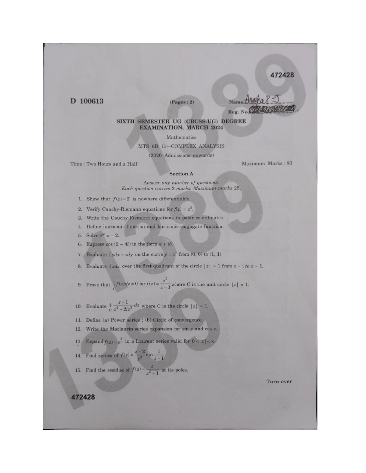 CA - Question paper - Complex analysis - Studocu