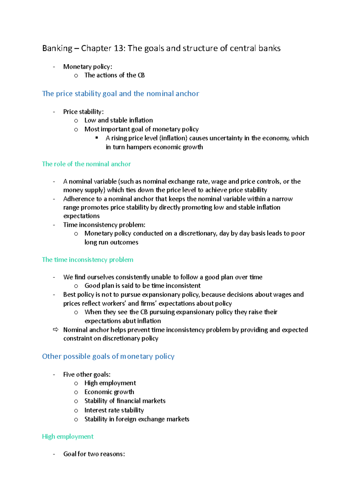 Banking Chapter 13 - Summary of ch. 13 - Banking Chapter 13: The goals ...