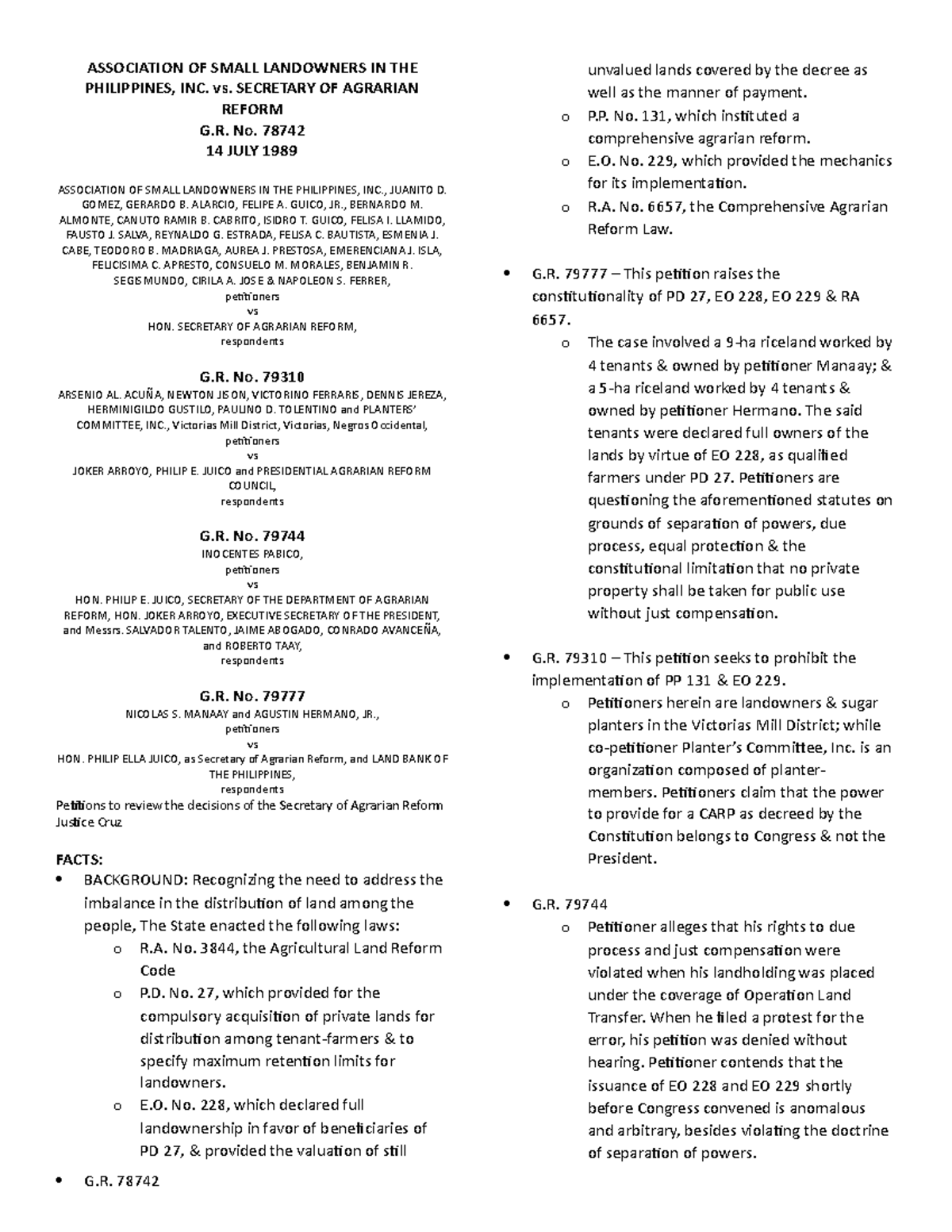 Pdfcoffee - aaa - ASSOCIATION OF SMALL LANDOWNERS IN THE PHILIPPINES, INC. vs. SECRETARY OF ...