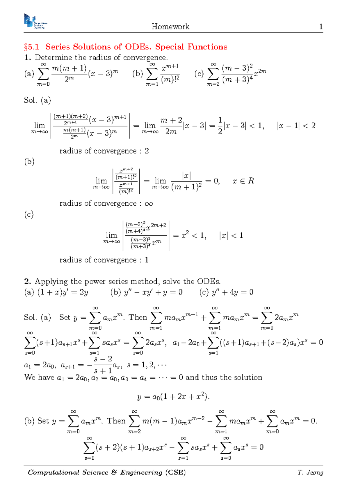 HW chapter 5 sol - Homework 풀이 - § 5. 1 Series Solutions of ODEs ...