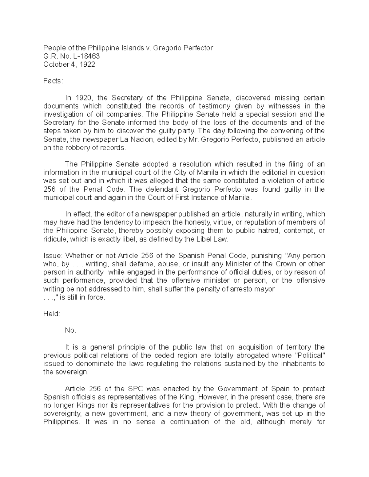 Case Digest People of the Philippine Islands v. Gregorio Perfector ...